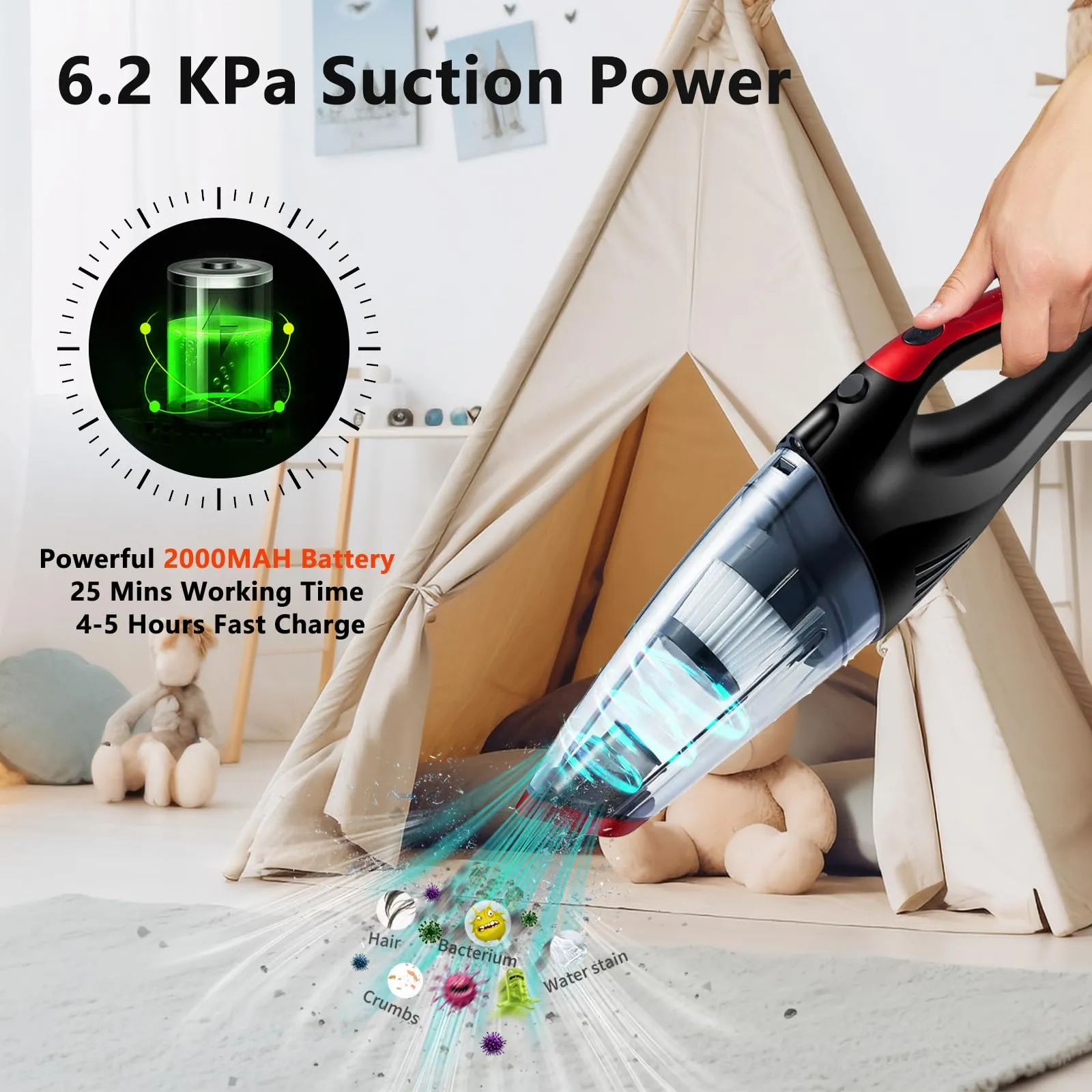 Handheld Vacuum Cleaner Cordless With 6200PA Suction, Rechargeable, LED ...