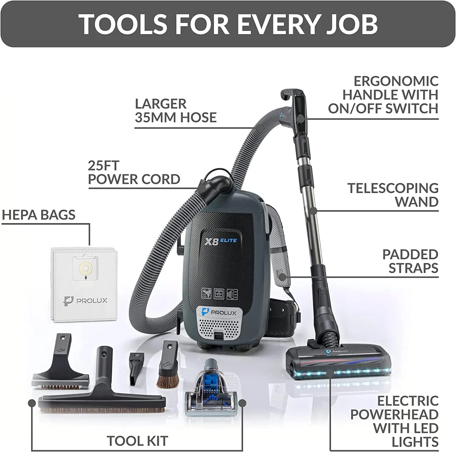 Prolux X8 Elite Canister Backpack Vacuum With HEPA Filtration, LED ...